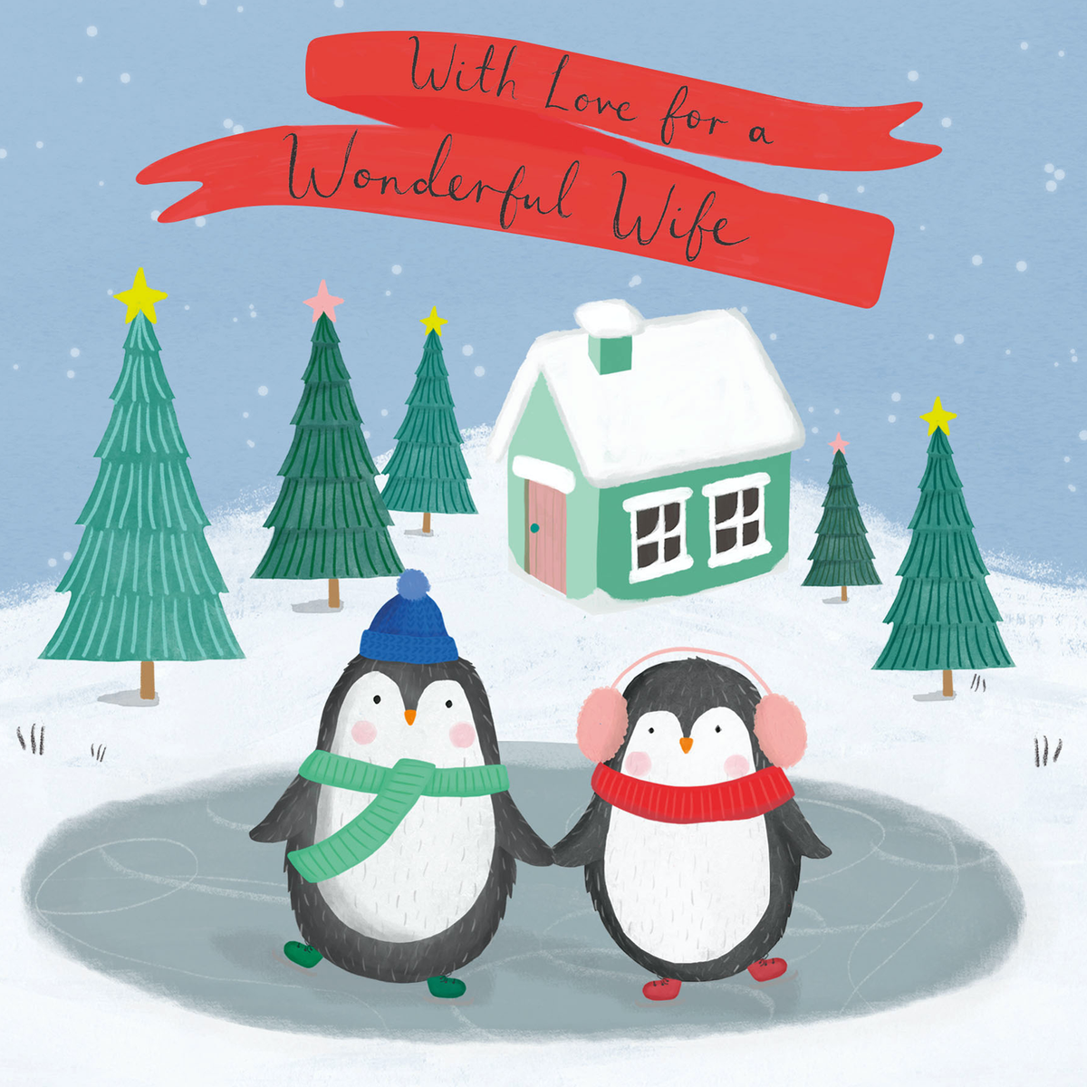 Personalised Wife Cute Penguins Winter Scene Christmas Card – Hallmark