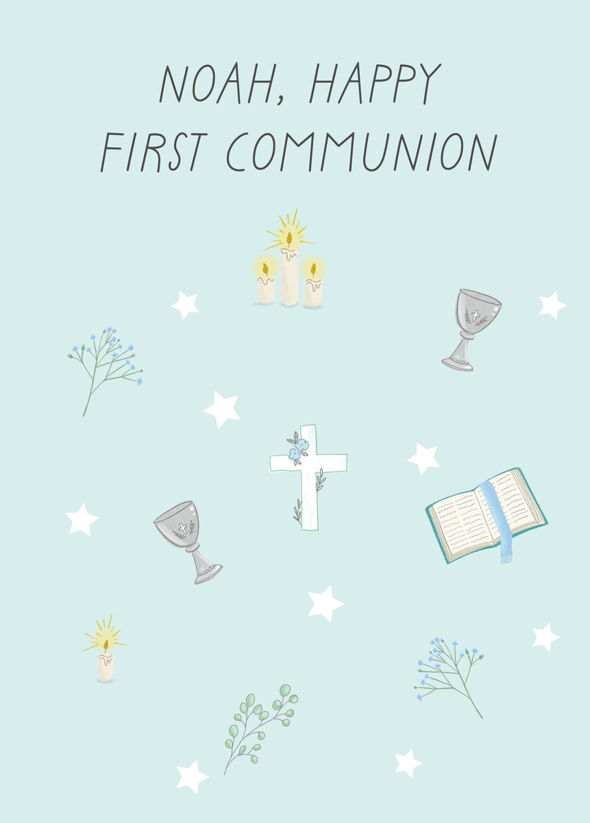 Personalised Blue Religious Icons First Communion Card | Hallmark UK